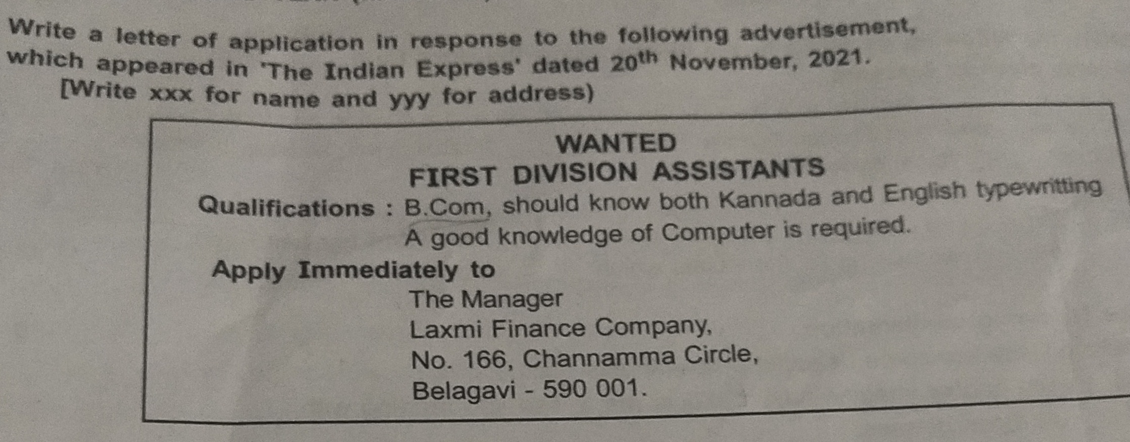 Write a letter of application in response to the following ...