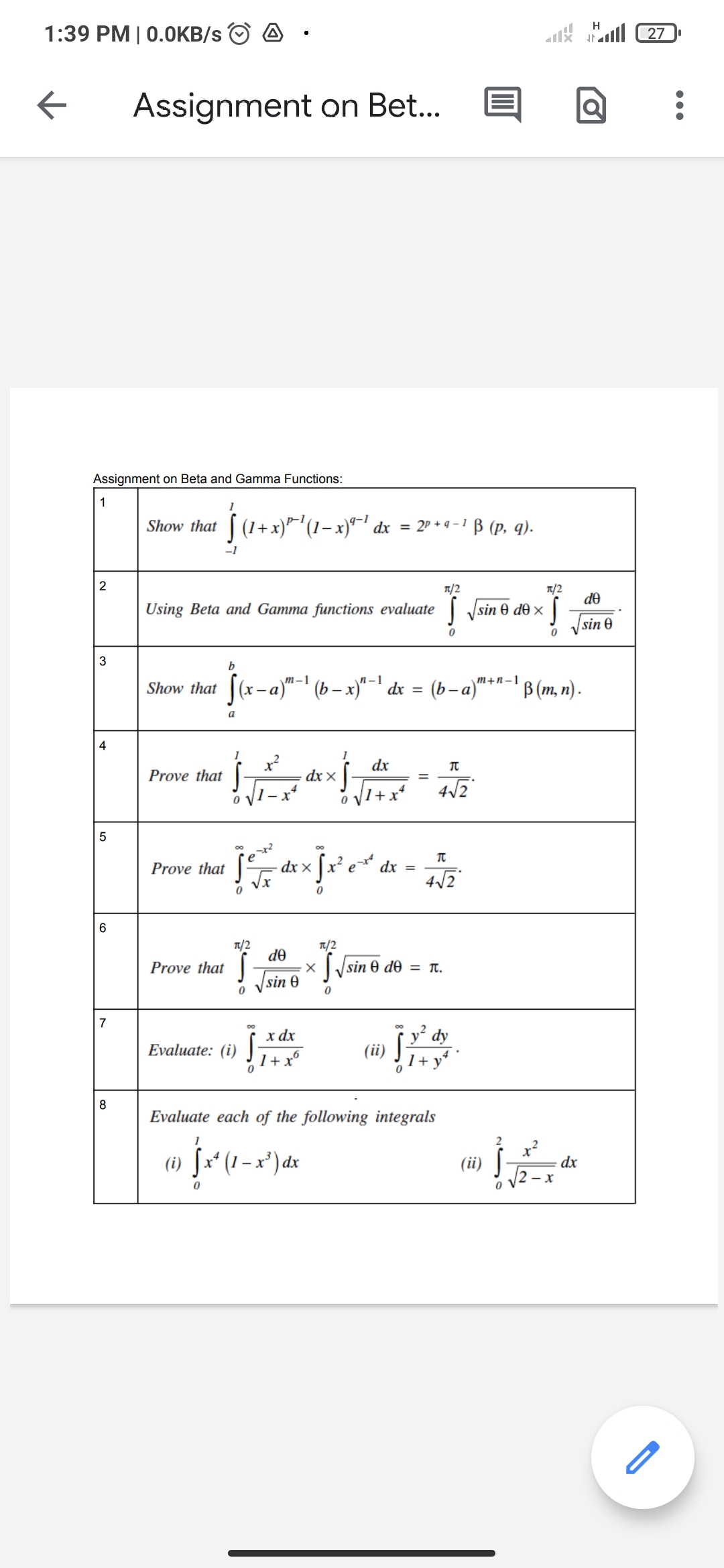 \begin{tabular}{|l|c|} \hline 2 & Using Beta and Gamma functions evaluate \( \int_{0}^{\pi / 2 ...
