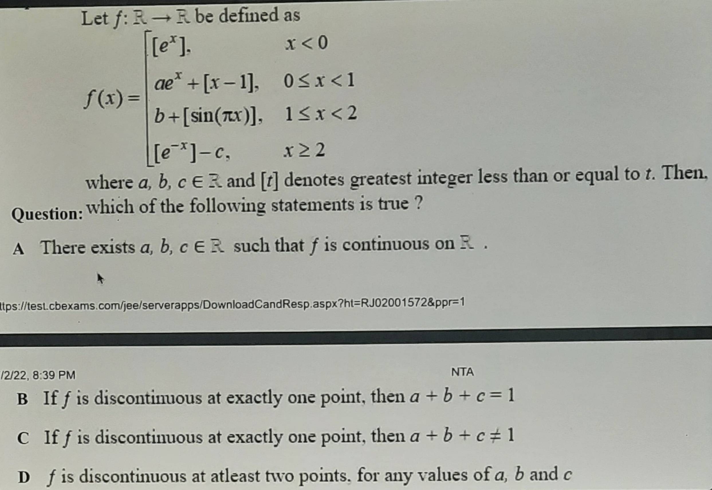 Let \( f: R \rightarrow R \) be defined as \[ f(x)=\left[\begin{array}{ll} {\left[e^{x}\right ...