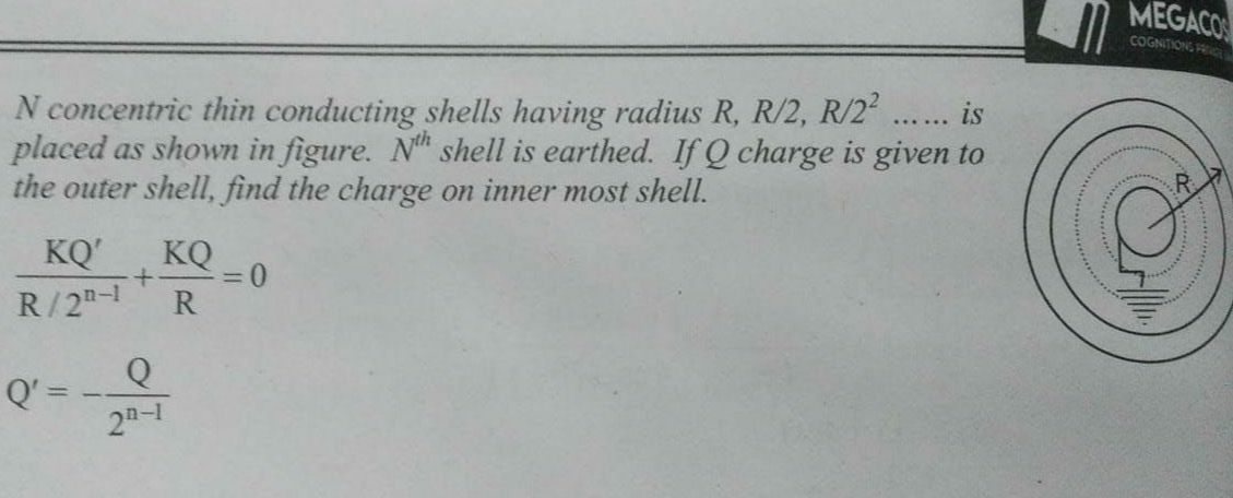 \( N \) concentric thin conducting shells having radius \( R, R / 2, R / 2^{2} \ldots \ldots ...