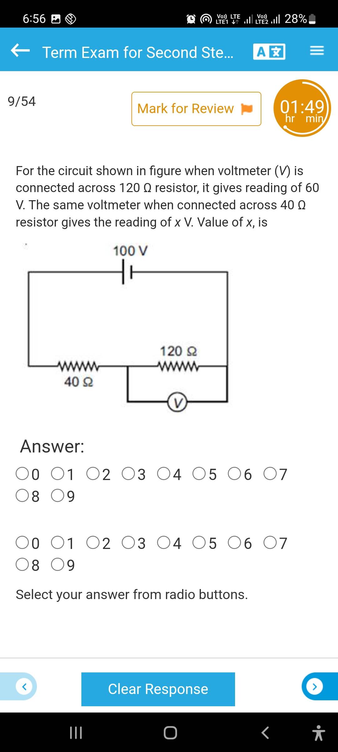 For the circuit shown in figure when voltmeter \( (V) \) is connected across \( 120 \Omega ...