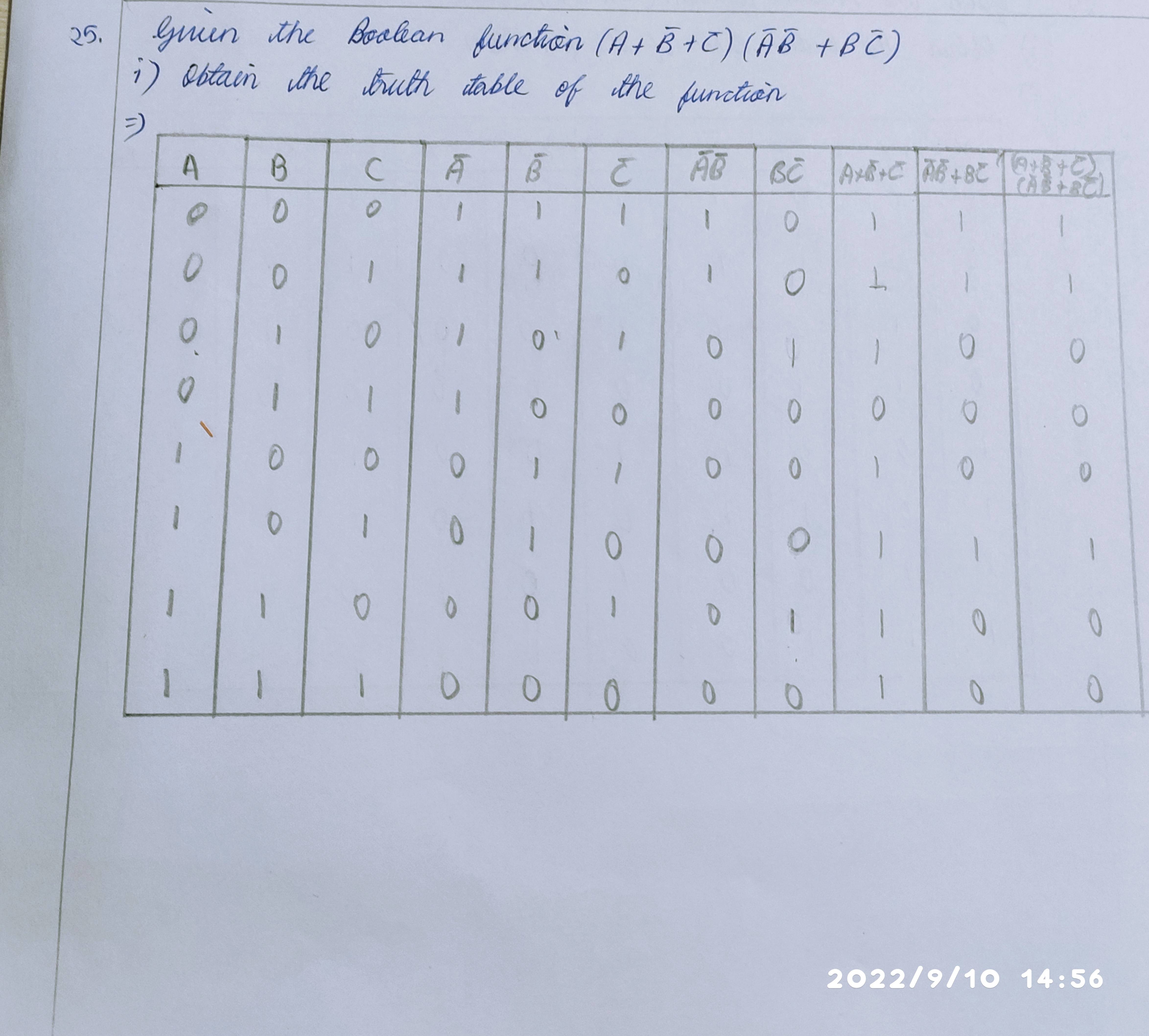 Given The Boolean Function A B C A B Bc 1 Obtain The Truth