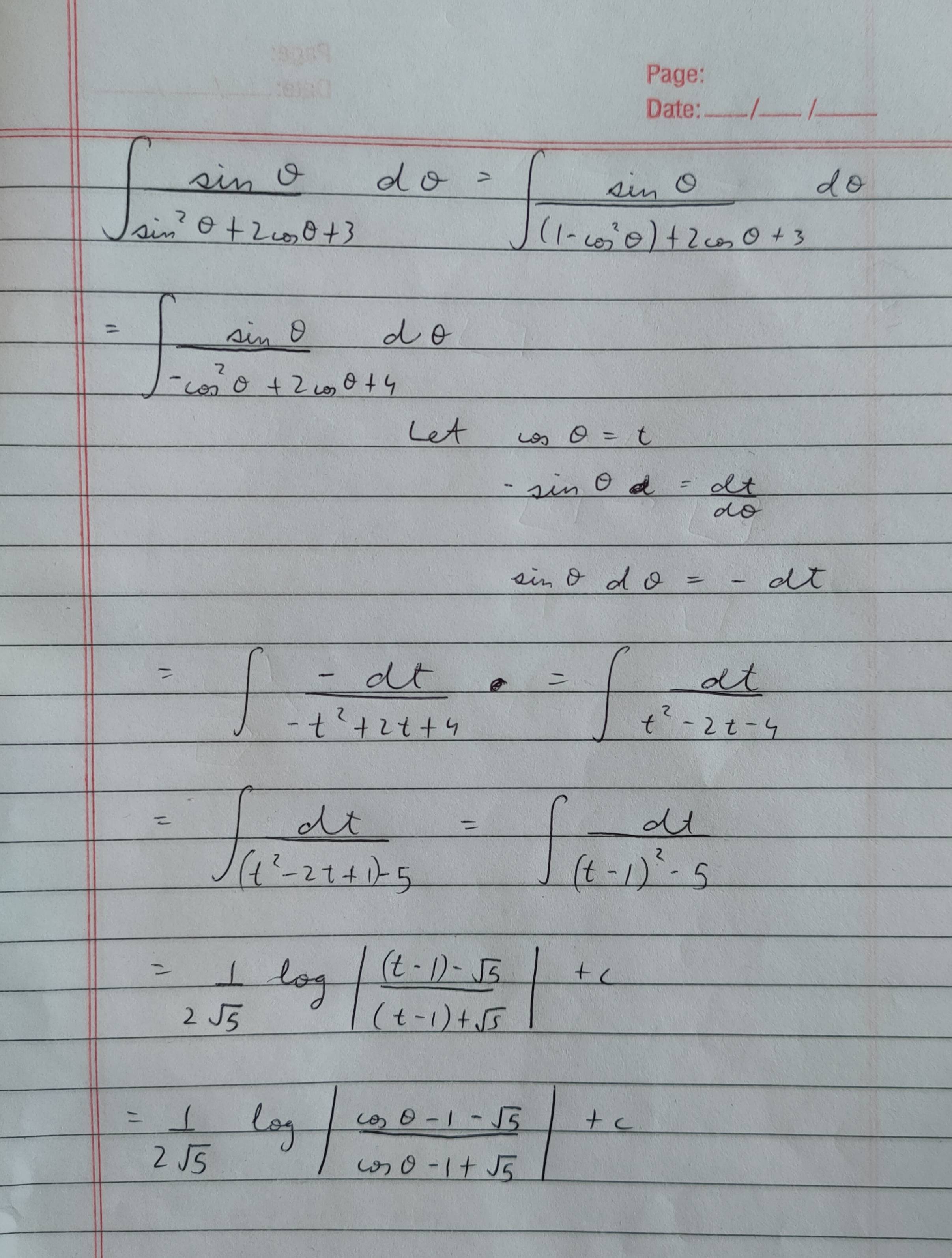 int \frac{\sin \theta}{\sin ^{2} \theta+2 \cos \theta+3} d \theta ...