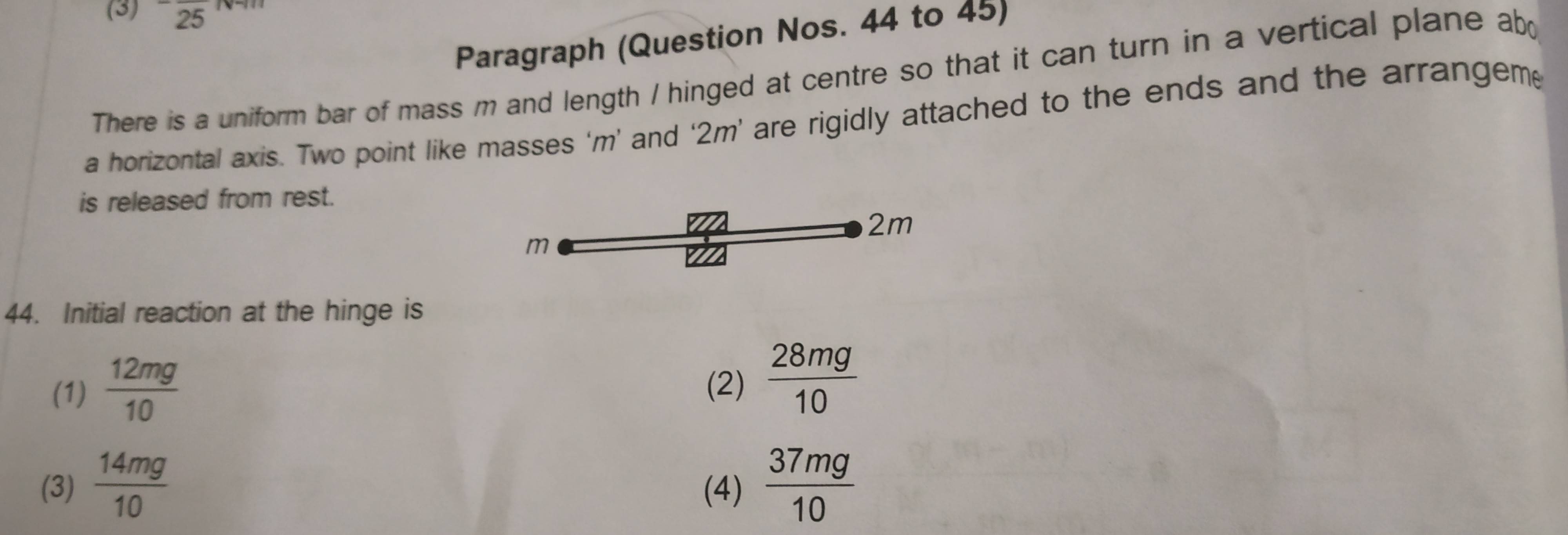 There is a uniform bar of mass m and length / hinged at centre so that it can turn in a vertical ...