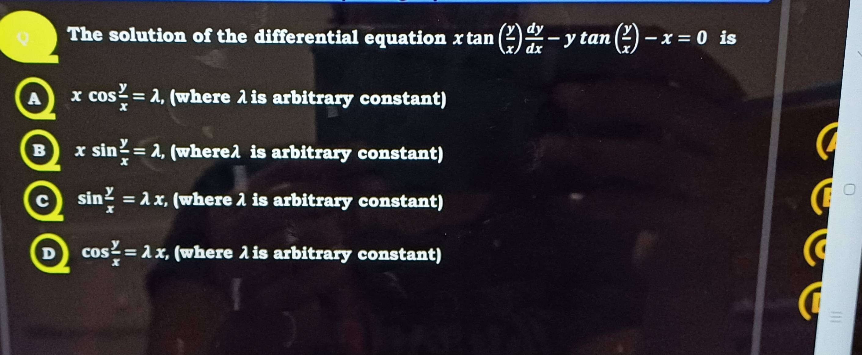 The solution of the diferential equation \( x \tan \left(\frac{y}{x}\right) \frac{d y}{d x}-y ...