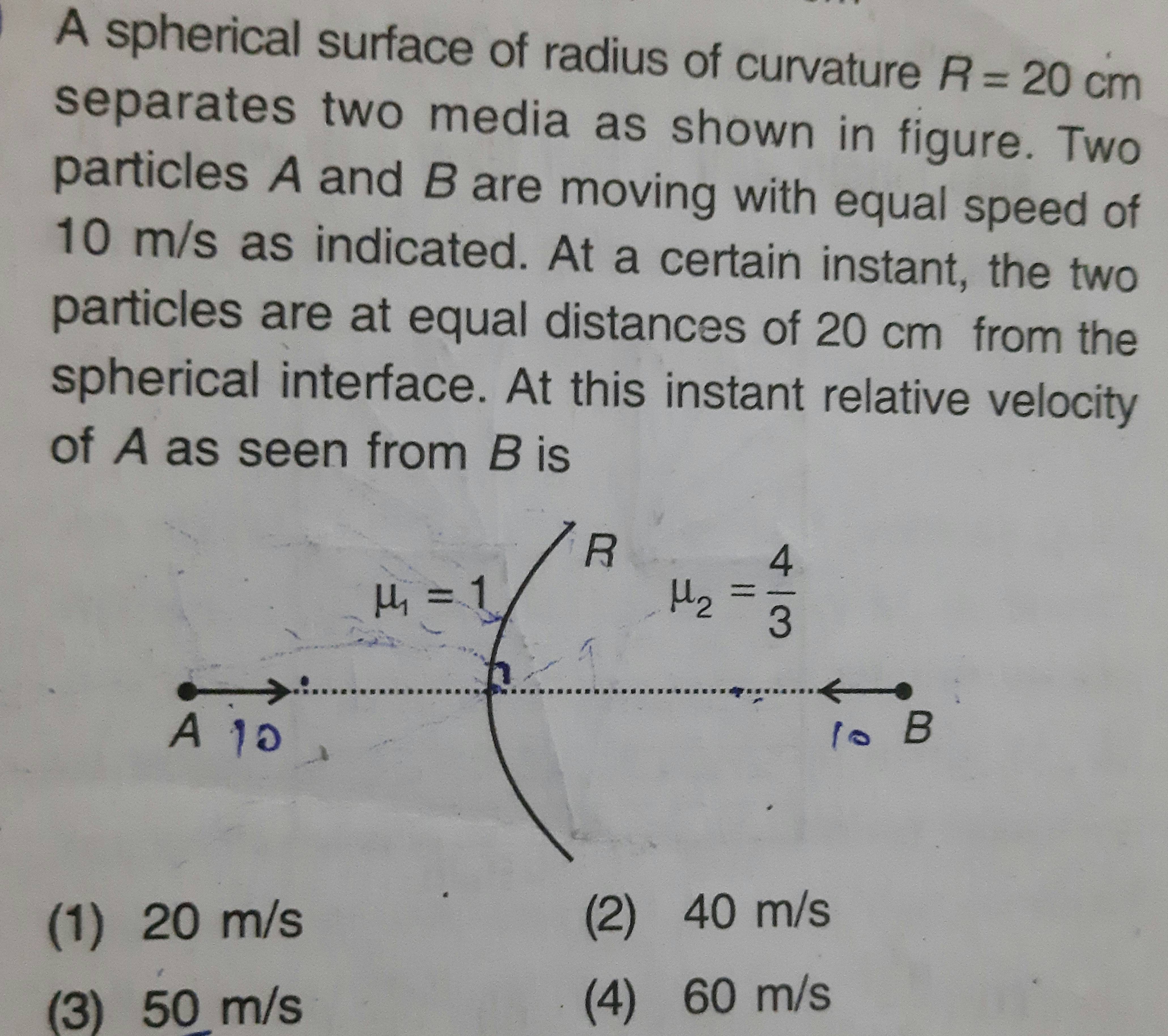 A spherical surface of radius of curvature \( R=20 cm \) separates two ...
