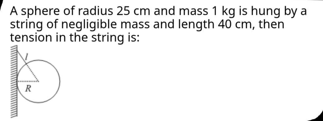 A sphere of radius 25 cm and mass 1 kg is hung by a string of ...
